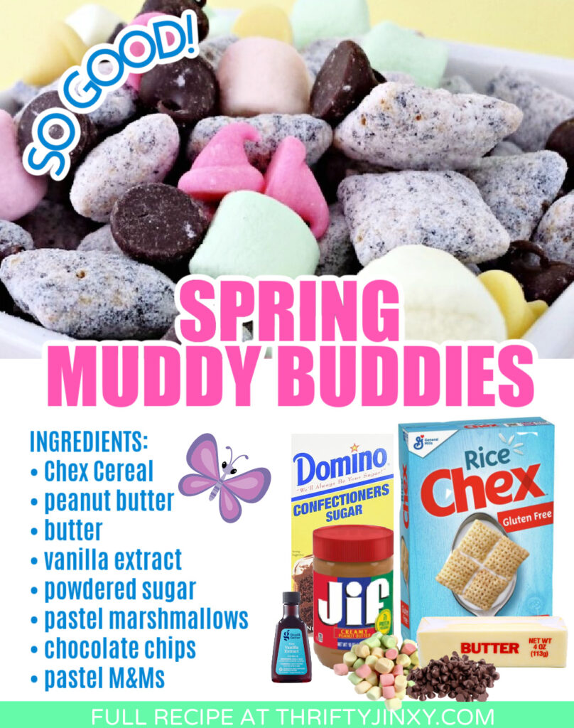 Spring Muddy Buddies Recipe + Printable Treat Bag Topper - Thrifty Jinxy