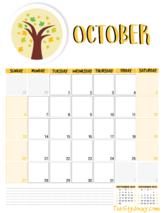 Free October Calendar Printable Page - Thrifty Jinxy