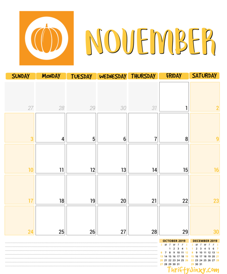 Free November Calendar Printable Page - Thrifty Jinxy