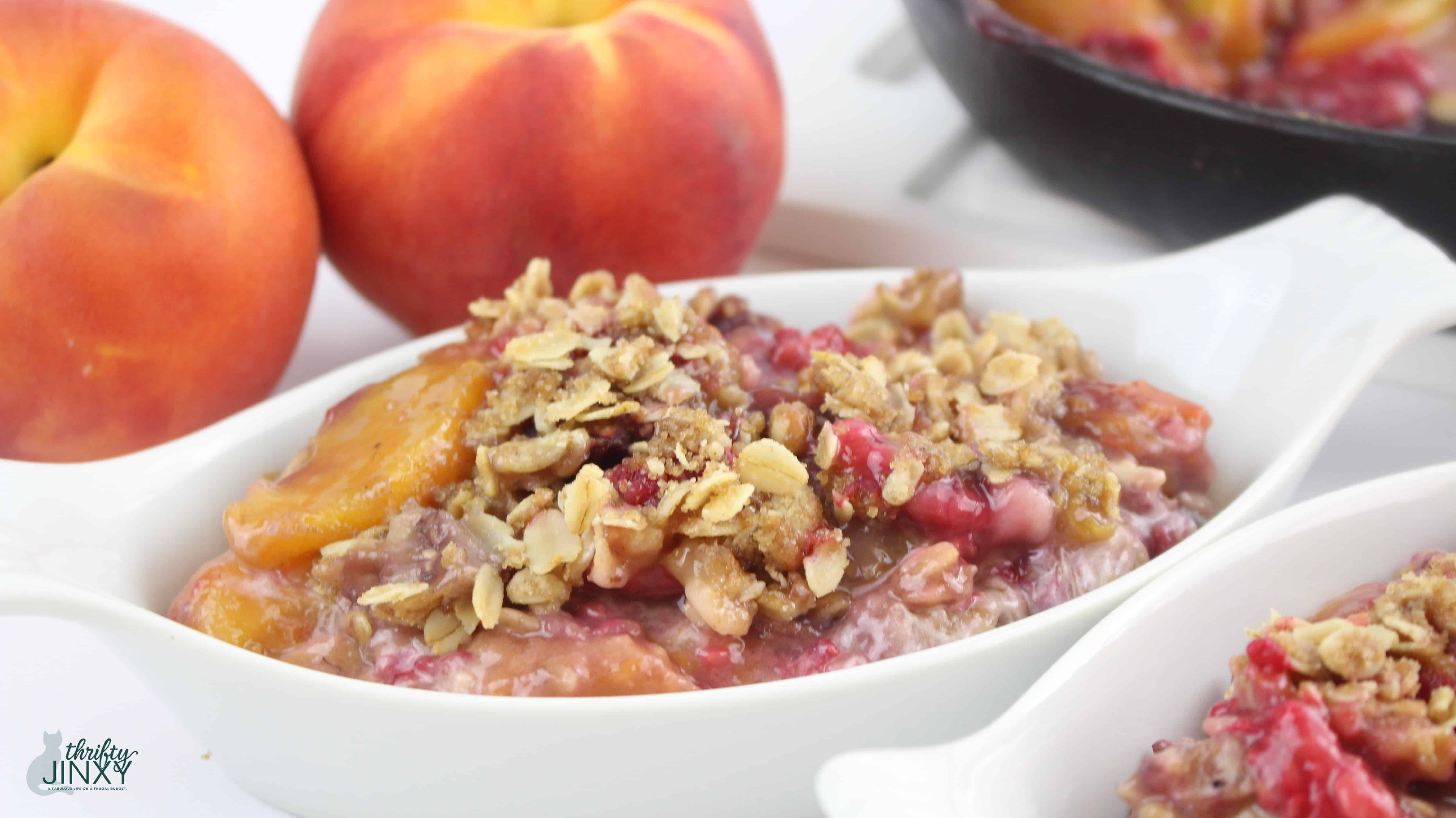 Skillet Peach Raspberry Crisp Recipe - Thrifty Jinxy