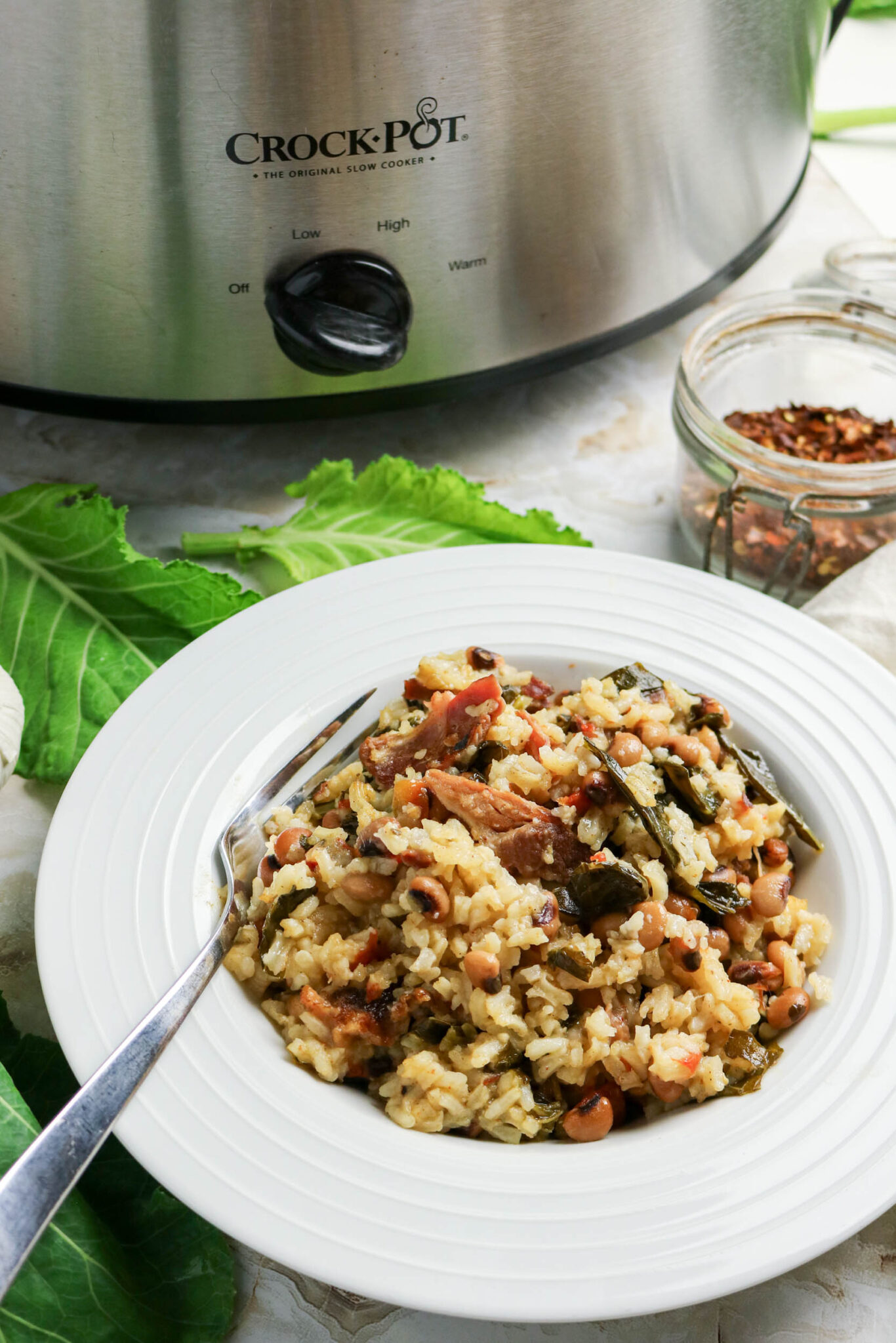 Slow Cooker Black-Eyed Peas and Collard Greens with Rice - Thrifty Jinxy